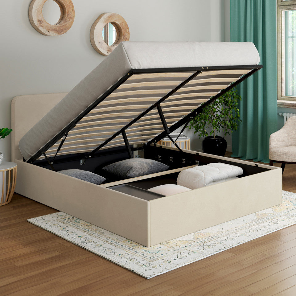 Lit coffre Louise en velours beige avec sommier et tête de lit arrondi